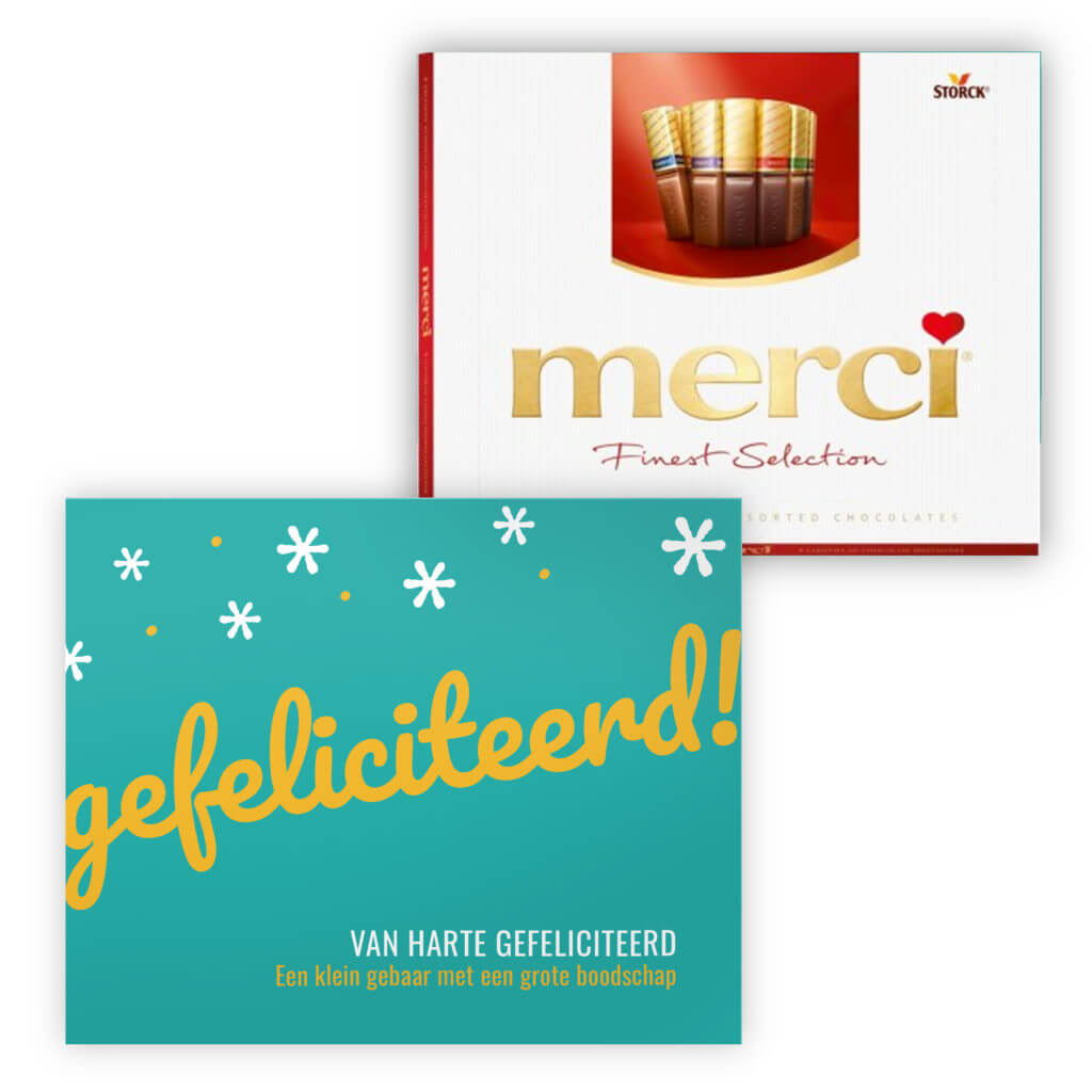 Merci 250 gram met kaart - bedankje met felicitatie opdruk | 123Bedankt.nl