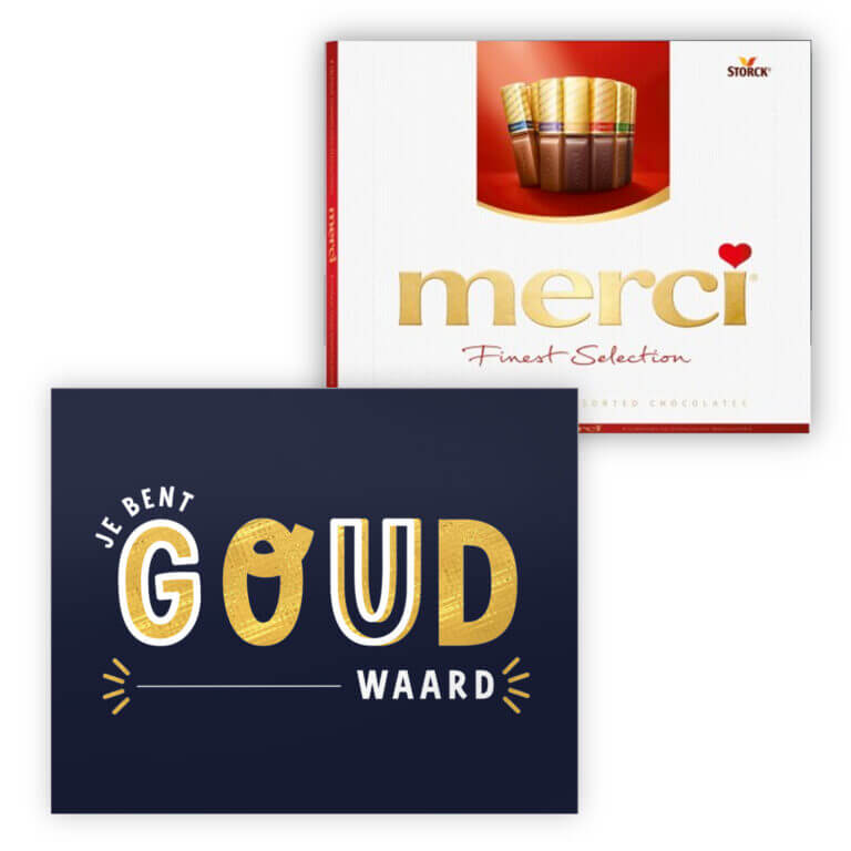 Een gouden bedankje met Merci chocolade in eigen wikkel | 123Bedankt.nl